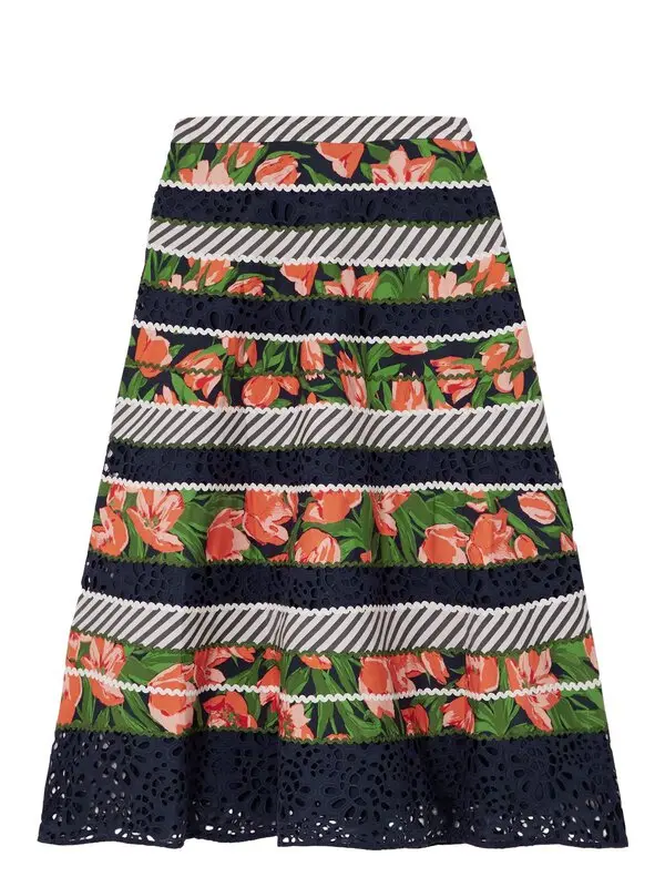 Carolina Herrera Ric Rac-trimmed Printed Cotton-blend Poplin And Broderie Anglaise Midi Skirt - Multi