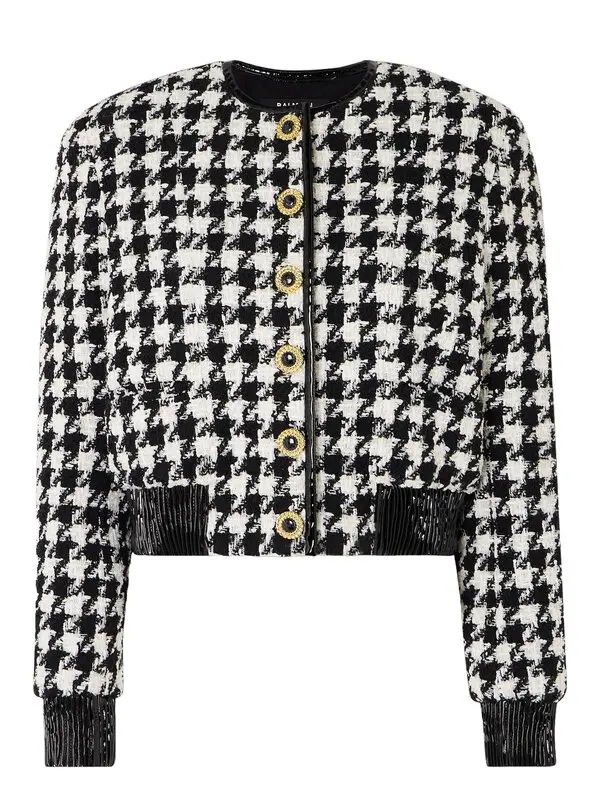 Balmain Houndstooth Tweed Jacket With Faux Patent Leather Trims - Black