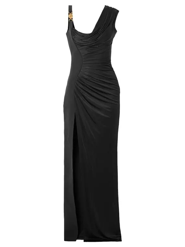 Versace Asymmetrical Embellished Draped Gown - Black