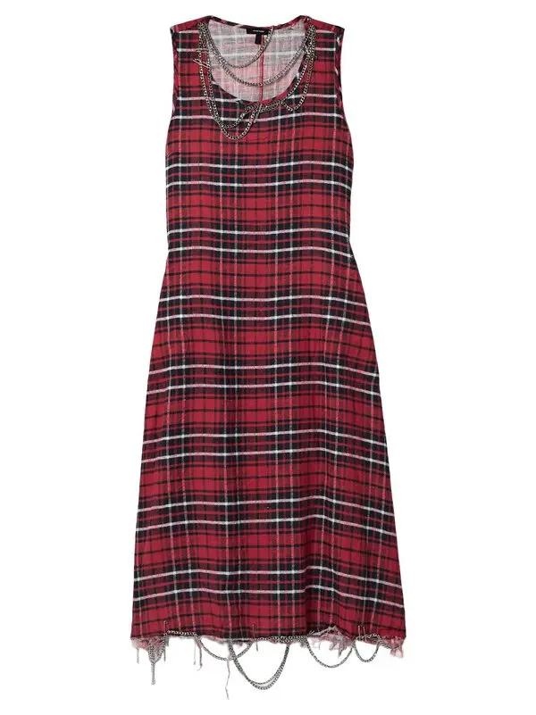 R13 Embellished Distressed Checked Brushed Linen Midi Dress - Red