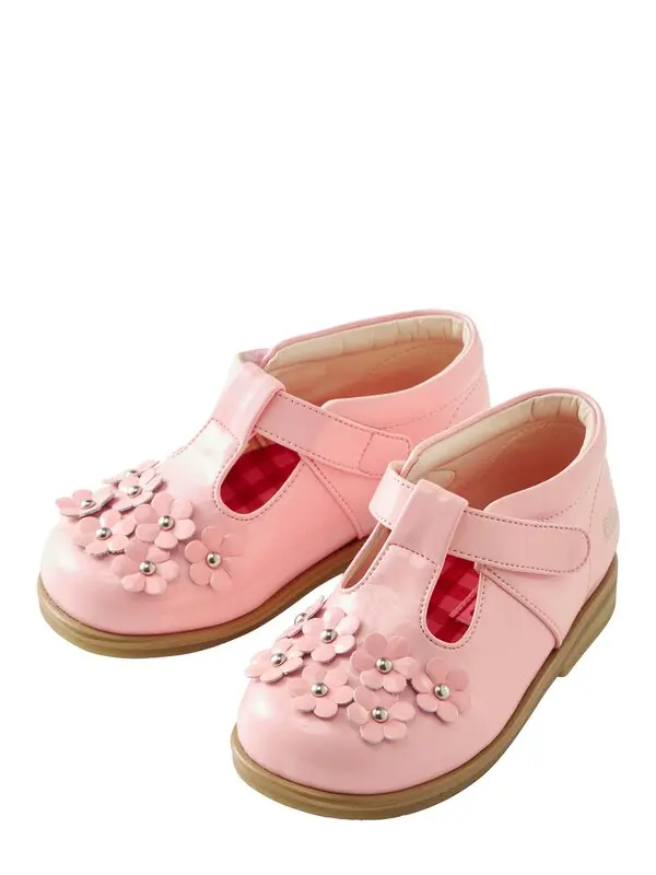 MIKI HOUSE Patent Faux Leather Mary Janes With Floral Embellishments - Pink