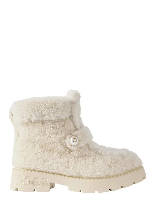 JIMMY CHOO Shea Faux Pearl Embellished Shearling Ankle Boots - Neutrals