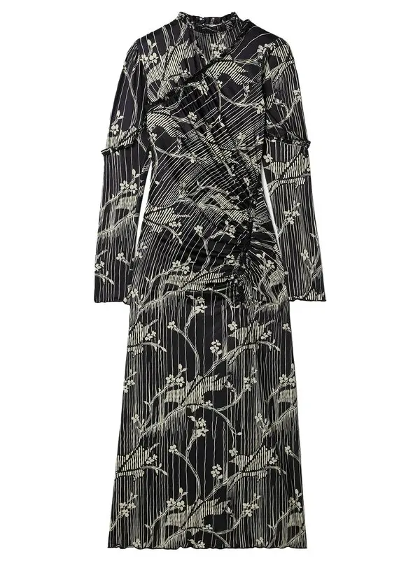 Sea Sunniva Ruched Ruffled Printed Stretch-jersey Midi Dress - Black
