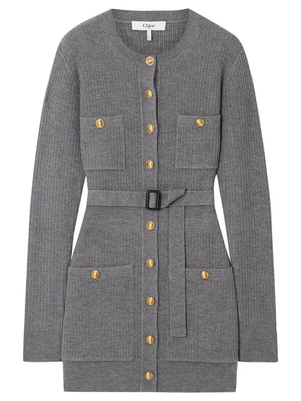 Chloé Ribbed Wool-blend Belted Mini Dress With Gold-tone Buttons - Gray