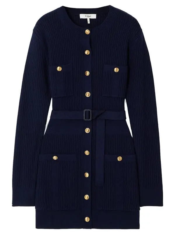 Chloé Belted Ribbed Wool-blend Mini Dress - Blue