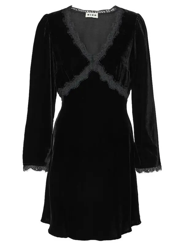 Rixo Lace-trimmed Velvet Minidress - Black