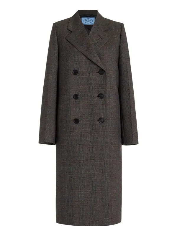Prada Wool Mouliné Double-breasted Checked Coat - Grey