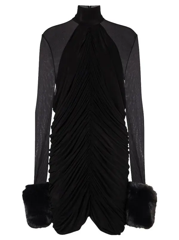 Magda Butrym Ruched Faux Shearling Trimmed Mini Dress - Black