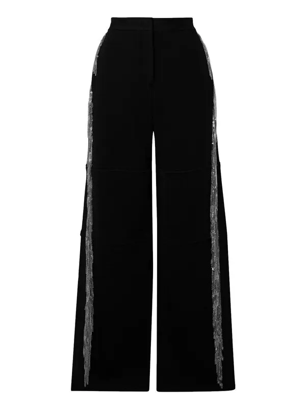 JIL SANDER Embellished Fringed Woven Wide-leg Pants - Black