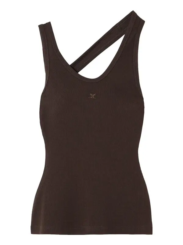 COURREGES Asymmetric Embroidered Ribbed Stretch Cotton-jersey Tank - Brown
