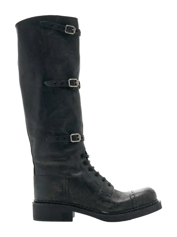 Miu Miu Leather Knee High Boots With Buckled Straps - Black
