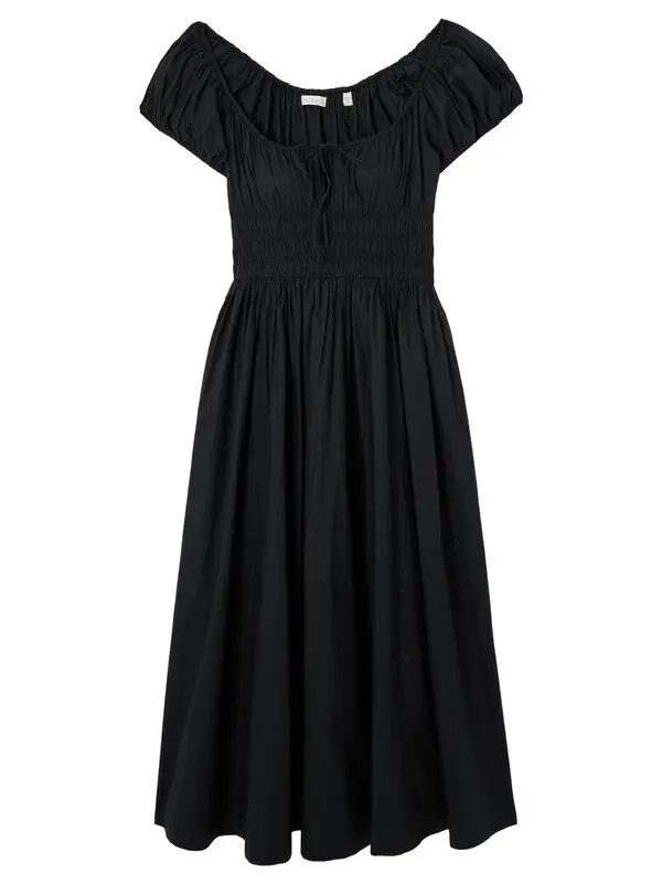 DÔEN Quinn Tie-detailed Shirred Organic Cotton-poplin Midi Dress - Black