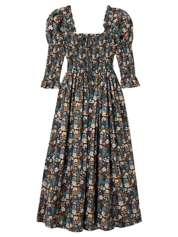 DÔEN Bijou Shirred Floral-print Organic Cotton-voile Midi Dress - Multi