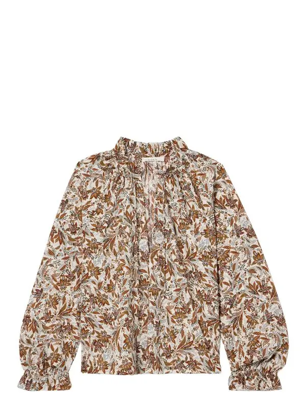 DÔEN Juna Tie-neck Floral-print Organic Cotton-voile Top - Brown