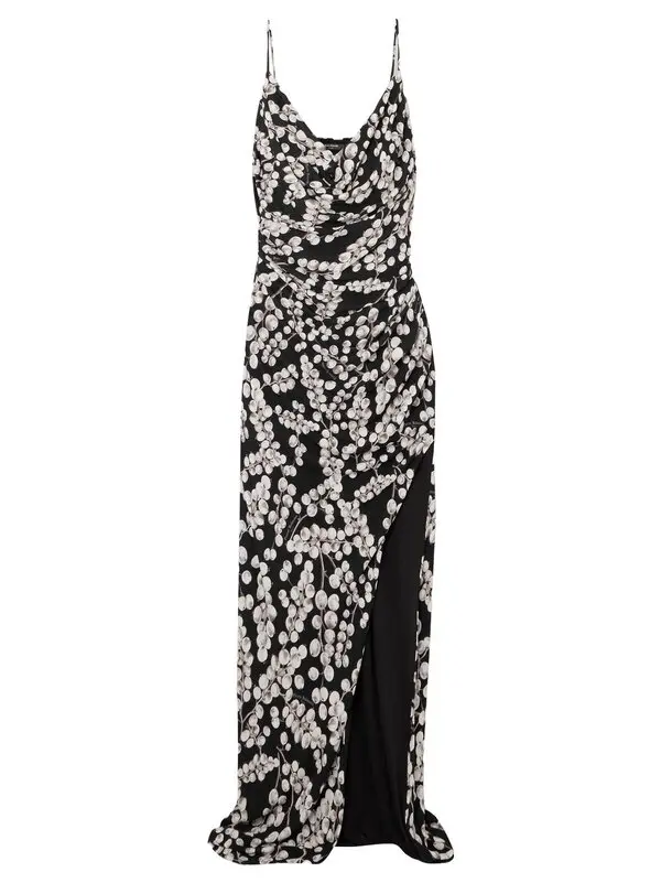 Balmain Printed Crepe Maxi Dress With Draped Neckline And Slit - Black