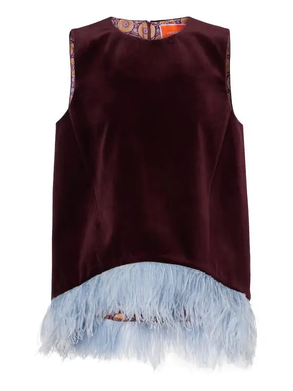 La DoubleJ La Scala Cotton Velvet Top With Feather Trim - Purple