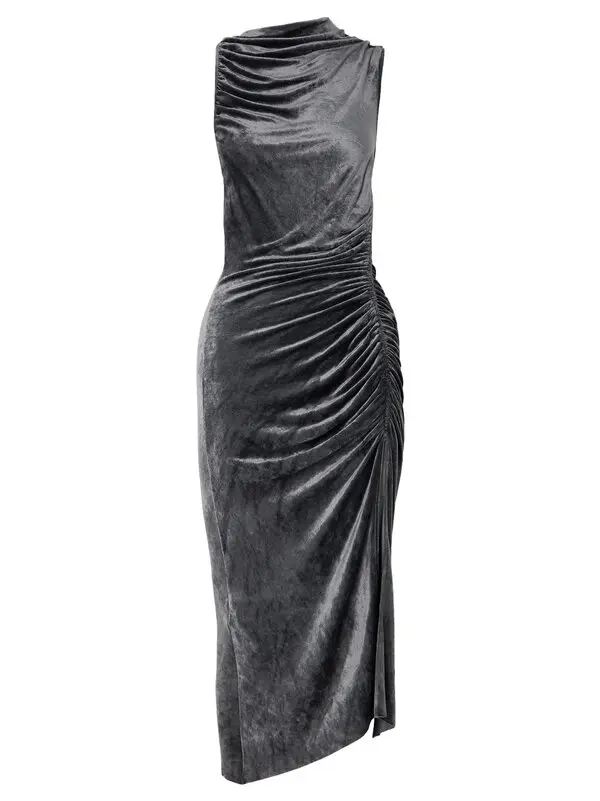 Rick Owens Asymmetric Ruched Velour Midi Dress - Gray