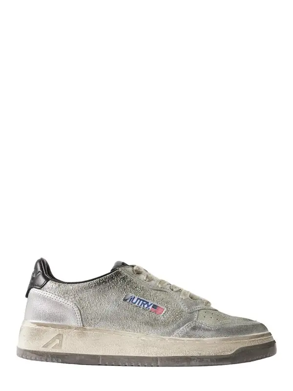 AUTRY Distressed Metallic Leather And Suede Sneakers - Gray