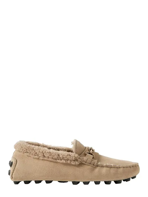 TOD'S Gommino Macro Embellished Shearling-trimmed Suede Loafers - Neutrals