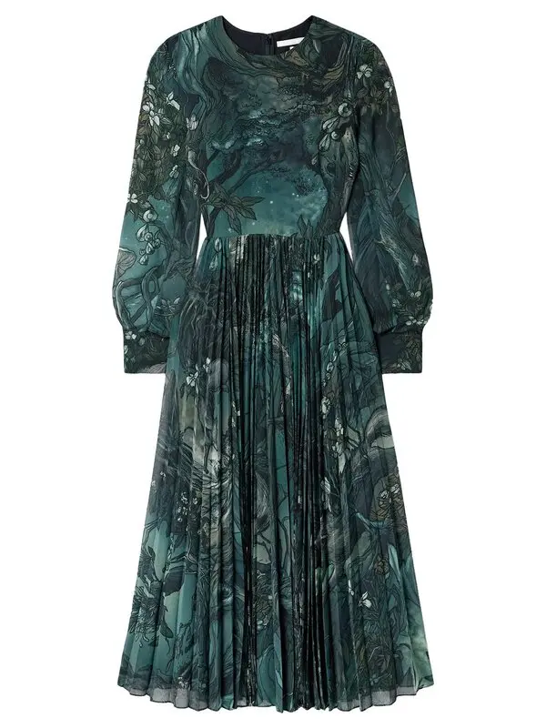JASON WU Printed Plissé-chiffon Midi Dress - Blue