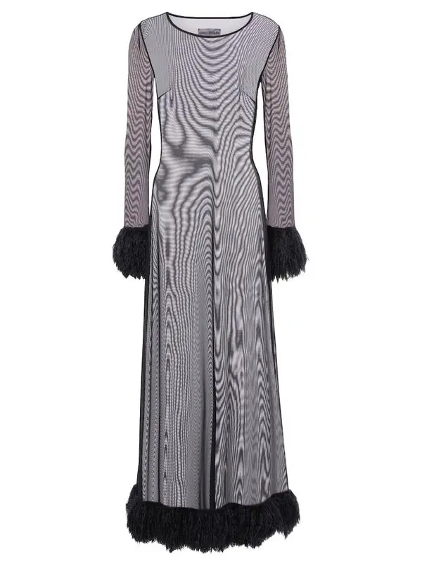 MARINE SERRE Faux Feather-trimmed Mesh Maxi Dress - Black