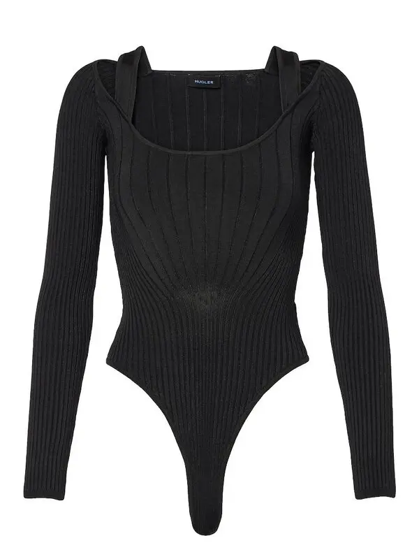 MUGLER Ribbed Knit Bodysuit - Black