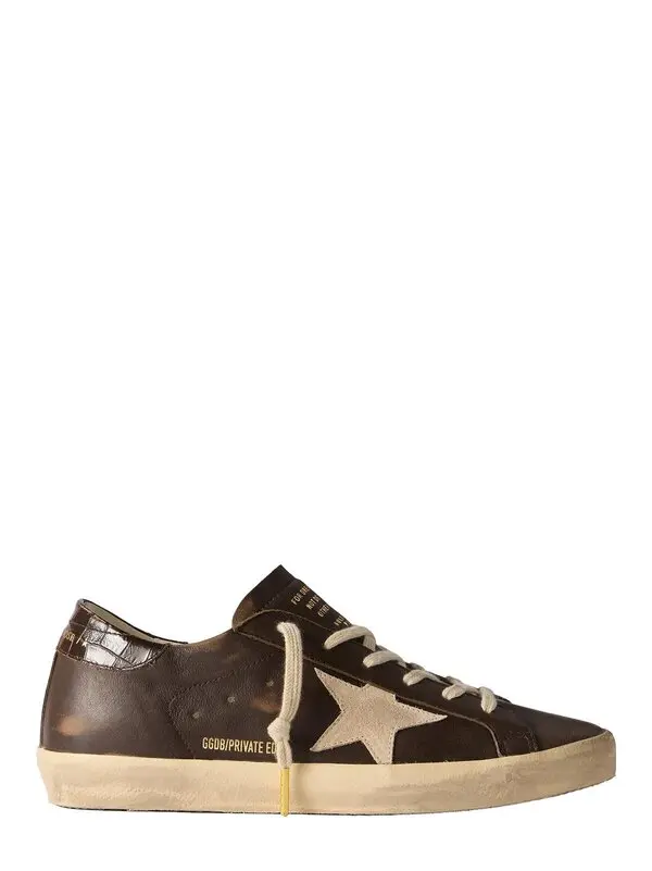 GOLDEN GOOSE Super-star Distressed Leather Sneakers With Suede Appliqués - Brown