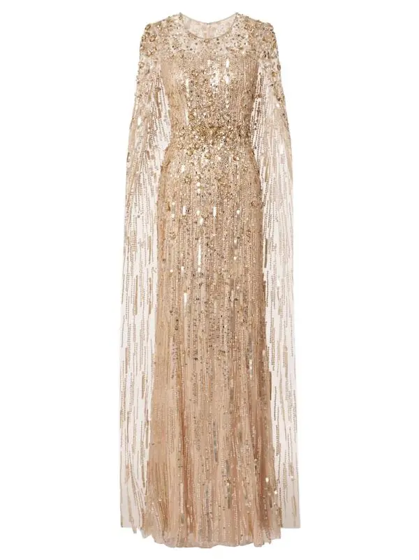 Jenny Packham Ruby Sequined Caped Gown - Gold