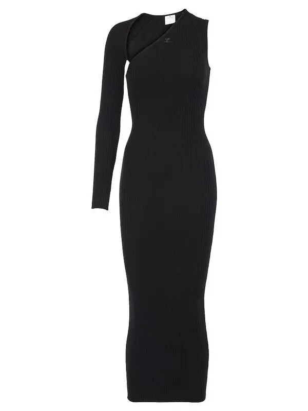 COURREGES Asymmetric Ribbed-knit Midi Dress - Black