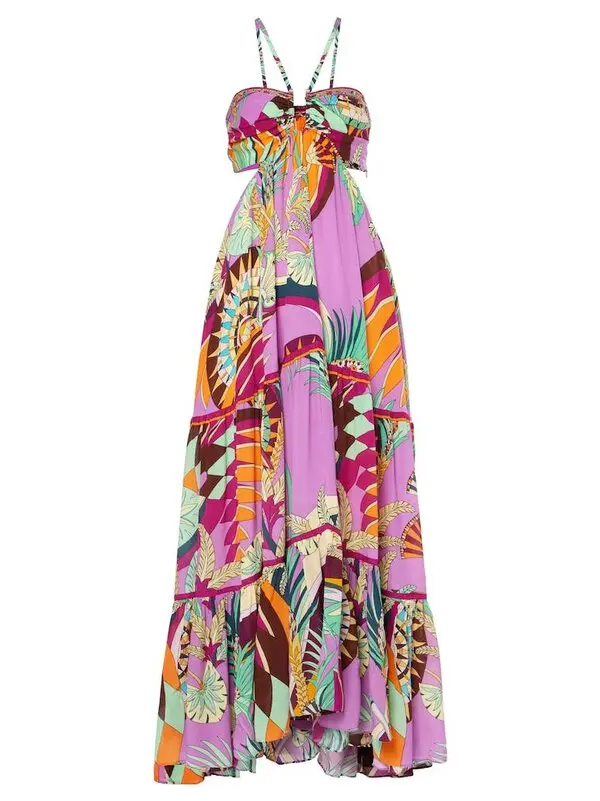 Camilla Gathered Printed Silk Cutout Maxi Dress - Multicoloured