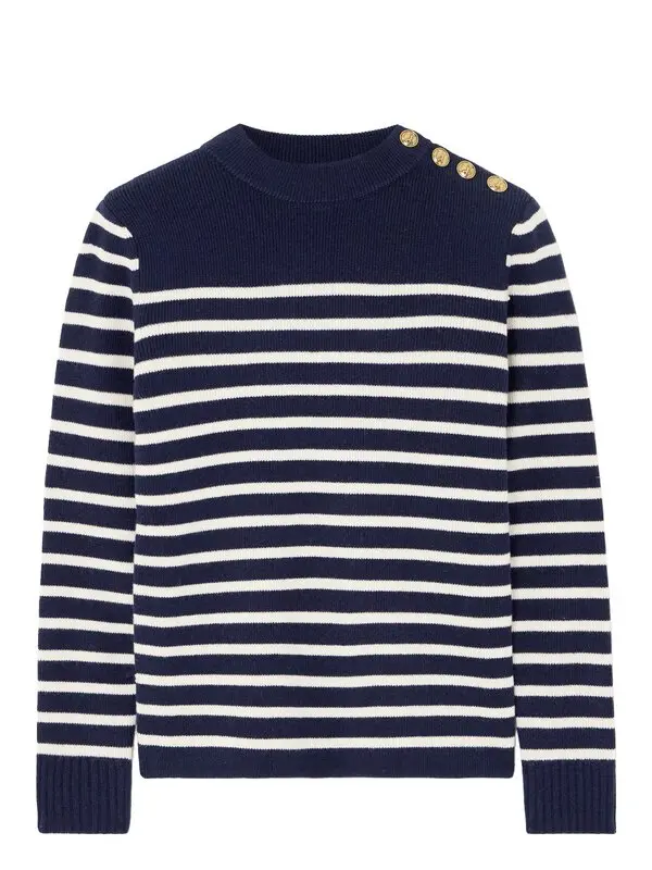 Chloé Button-embellished Striped Wool And Cashmere-blend Sweater - Blue