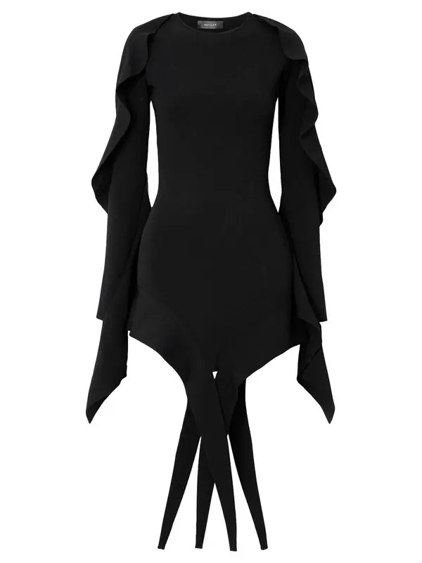 MUGLER Asymmetric Ruffled Stretch-knit Mini Dress - Black