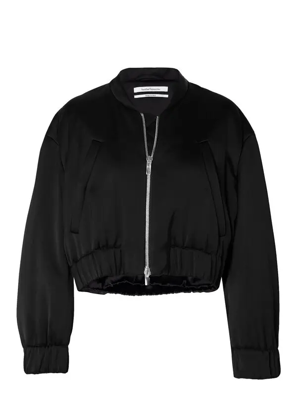 Another Tomorrow Cropped Satin Bomber Jacket - Black