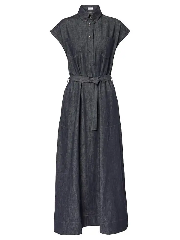 Brunello Cucinelli Belted Denim Maxi Shirt Dress - Blue