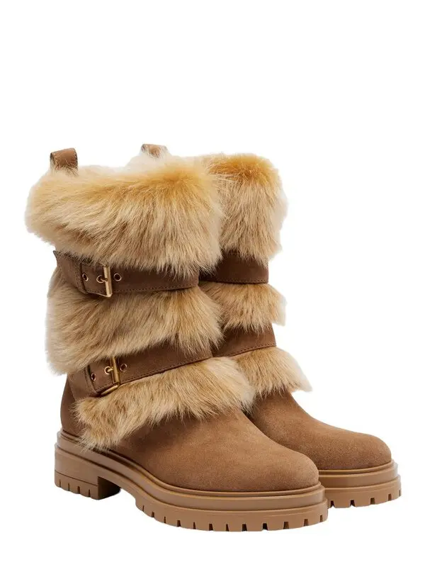 GIANVITO ROSSI Suede And Shearling Biker Boots - Brown