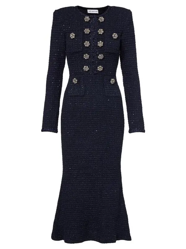 SELF-PORTRAIT Navy Bouclé Midi Dress With Embellished Buttons - Blue