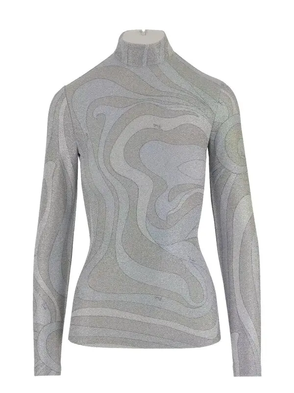 Emilio Pucci High Neck Long Sleeve Metallic Jersey Top - Grey