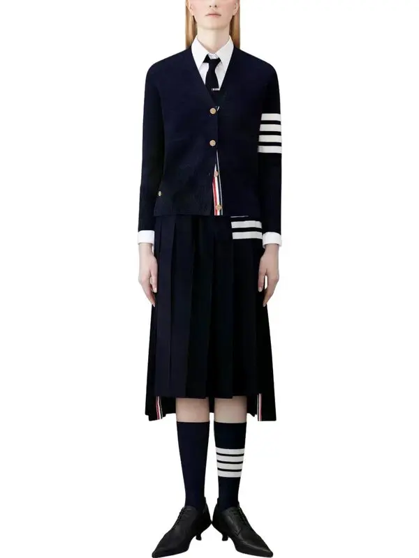 Thom Browne V-neck Cardigan With Four-bar Stripes - Blue