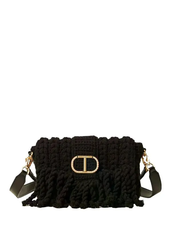 TWINSET Fringed Logo Plaque Satchel - Black