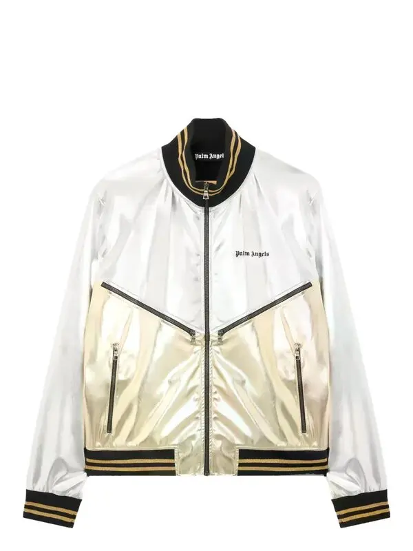Palm Angels Laminated Coated Track Jacket With Ribbed Trims - Silver