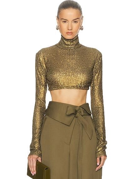Norma Kamali Long Sleeve Slim Fit Turtleneck Cropped Top - Bark