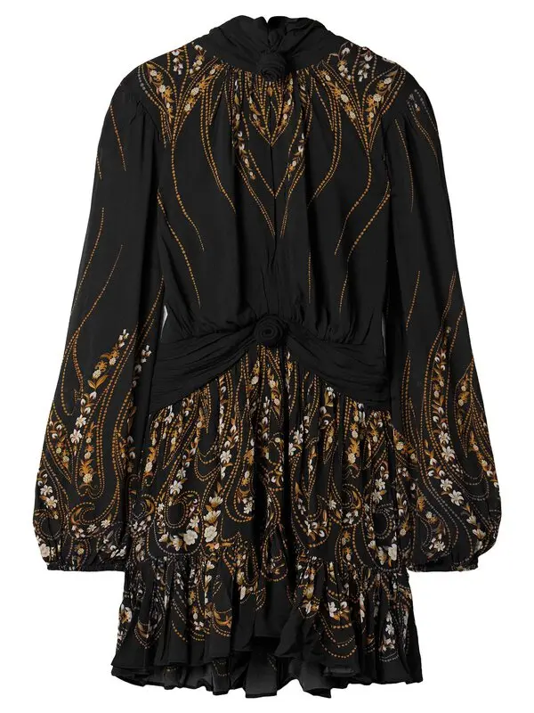 Farm Rio Tie-neck Floral-print Georgette Mini Dress - Black