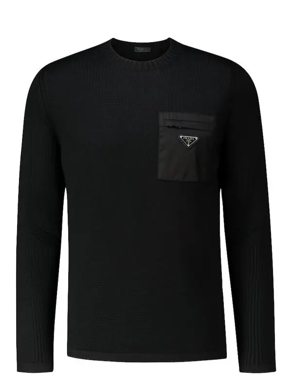 Prada Crewneck Sweater With Nylon Pocket - Black