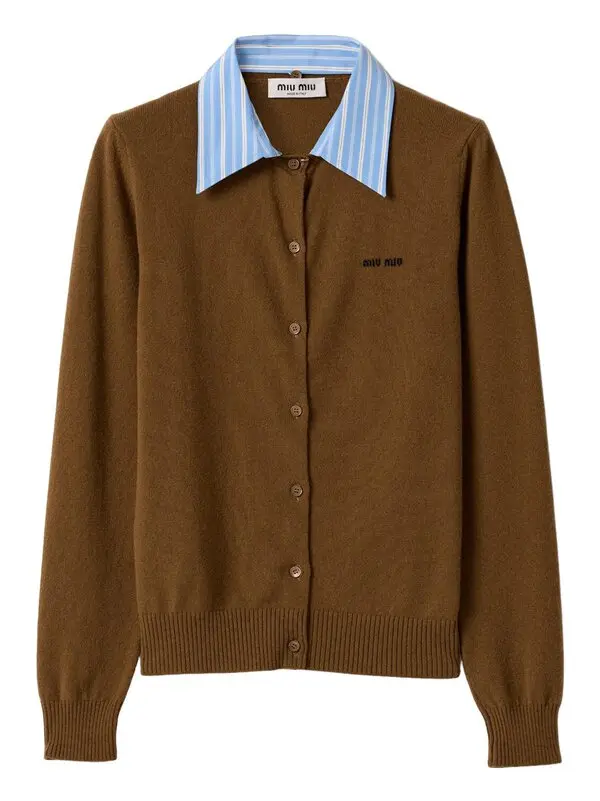 Miu Miu Cashmere Cardigan With Detachable Cotton Collar - Tobacco/celeste