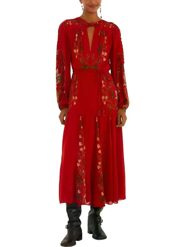 Farm Rio Floral Embroidered Maxi Dress - Red