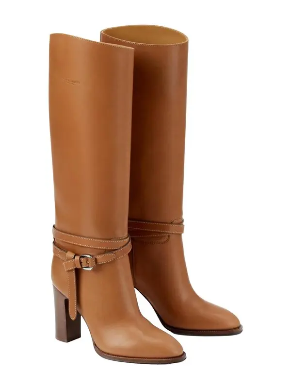 Ralph Lauren Leather Knee-high Boots With Buckled Straps - Gold