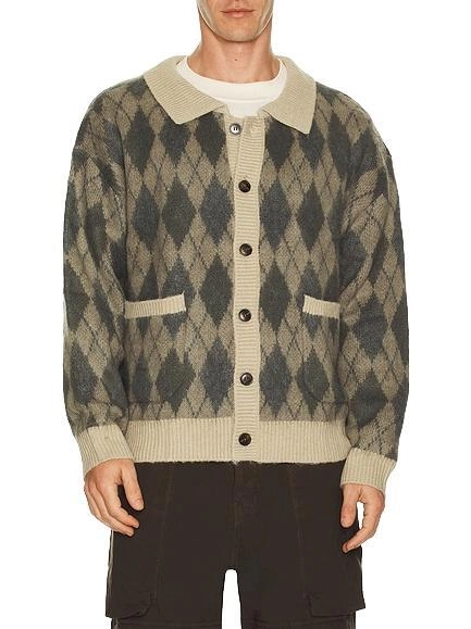 FOUND Wool Blend Argyle Sweater - Grayscale