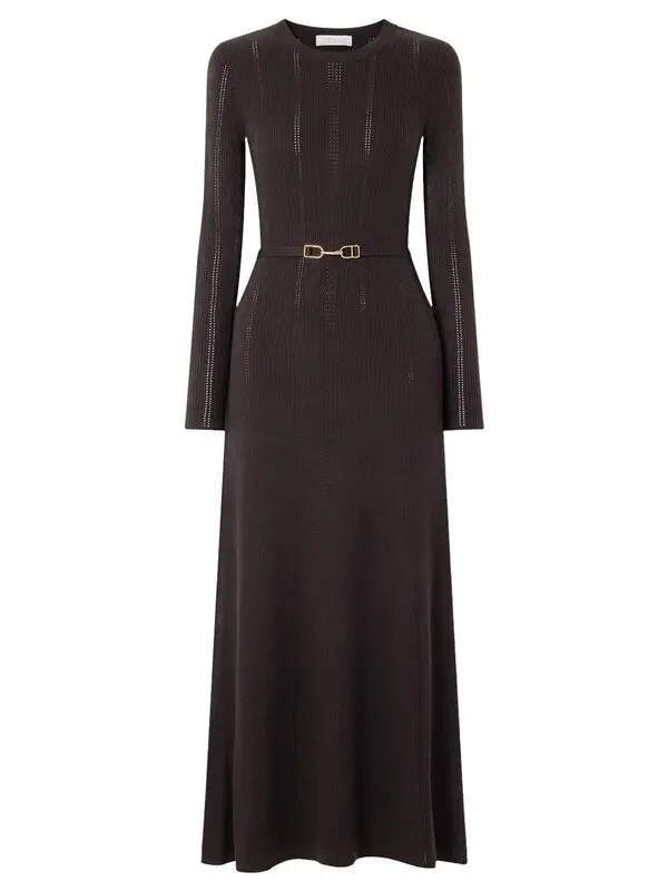 Gabriela Hearst Imagene Belted Ribbed Pointelle-knit Wool Midi Dress - Brown