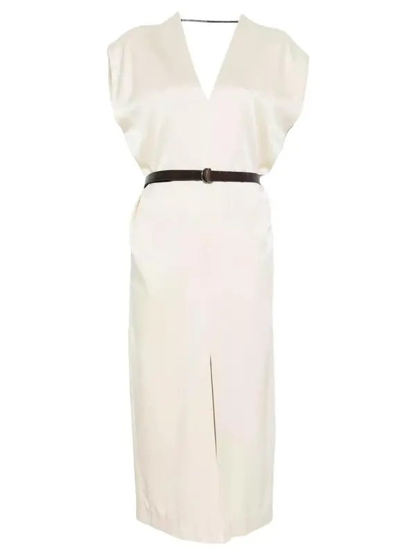 Brunello Cucinelli V-neck Midi Dress With Belt - Neutrals