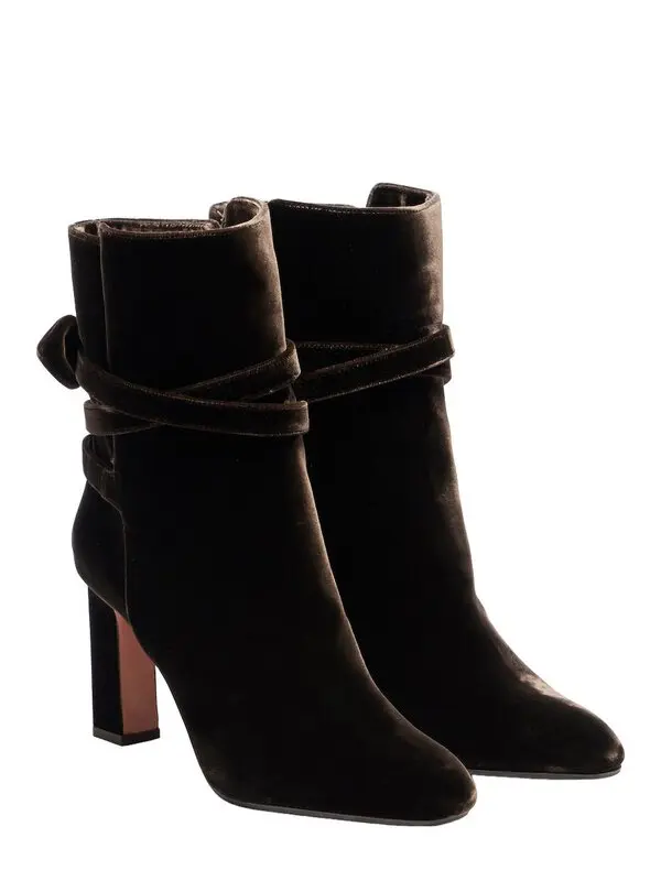 AQUAZZURA Velvet Bow Ankle Boots - Brown